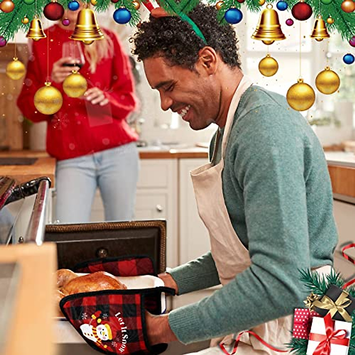 6 Pcs Red and Black Buffalo Plaid Pot Holders Heat Resistant Christmas Potholders with Pocket Reusable Oven Mitts Christmas Hot Pads for Kitchen Decoration Cooking Baking BBQ (Snowman)