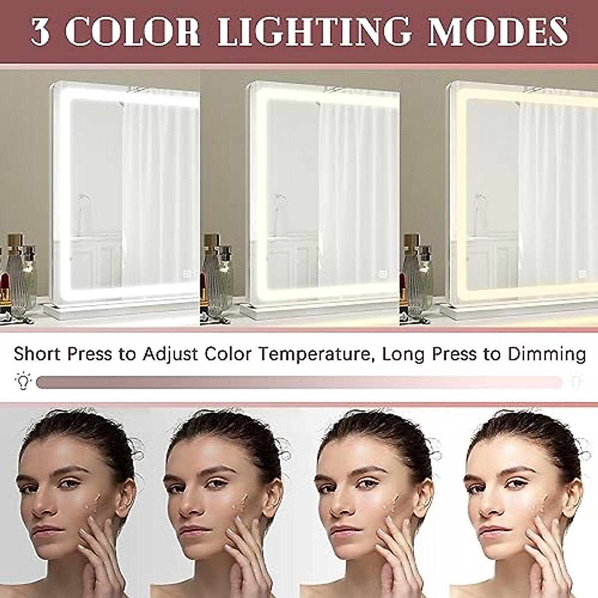 ROLOVE Vanity Mirror with Lights, 32" x 22" Large Lighted Vanity Mirror with Dimmable 3 Modes, LED Makeup Mirror with Detachable 10X Magnification, Touch Screen Control, for Makeup Desk, Dressing Room