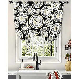 AMZRicher Gold Floral Tie Up Curtains for Window, Black White Clock Minimalist Geometry Thermal Insulted Balloon Shade Adjustable Rod Pocket Curtains Valance Panels for Kitchen Bathroom Café 46 x 63