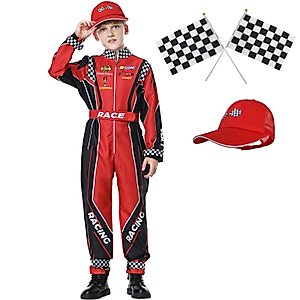 Treyrea Race Car Driver Costume Boys Racer Jumpsuit With Car Cap Kids Dress Up for Halloween (Red and Black, L(for height 54"-57"))