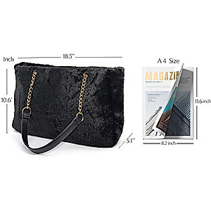 Fur Carryall Tote Bag with Wristlet Clutch Women Chain Shoulder Handbag (Black) Large