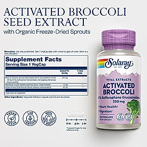 Solaray Activated Broccoli Seed Extract 350 mg, 10% Sulforaphane Glucosinolates for Antioxidant Support, Heart Health and Digestive Support, Vegan and Lab Verified, 30 Servings, 30 VegCaps