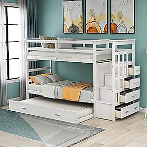 Bunk Bed Twin Over Twin, Bunk Bed with Trundle for Adults, Bunk Bed with Stairs and Storage, Kids Twin Bunk with Drawers(White)
