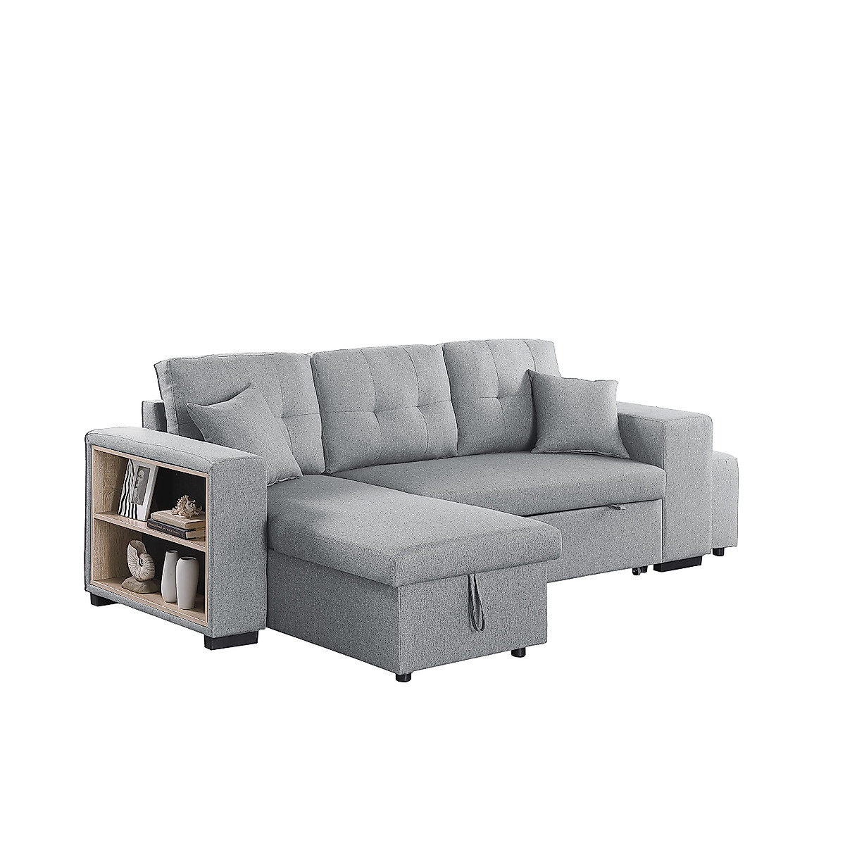 ERYE L-Shaped Reversible Sleeper Sectional Sofa W/Pull Out Couch Bed, Storage Chaise & Niche Shelves for Living Room, Modern Linen Upholstered Sofa&Couch Convertible Sleep Sofabed with 2 Stools