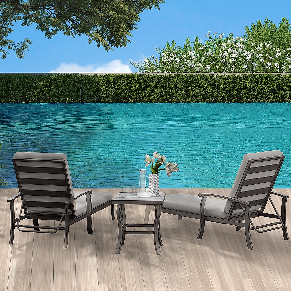 ZEPYARD Aluminum Patio Chaise Lounge Set of 3, Armrest Lounge Chair with Adjustable Backrest for Outside, All Weather Aluminum Lounge Chair for Deck Beach Poolside-Greige Cushion