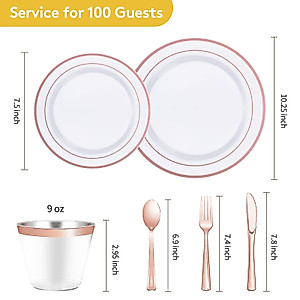 Goodluck 600 Pieces Rose Gold Disposable Plates for 100 Guests, Plastic Plates for Party, Wedding, Dinnerware Set of 100 Dinner Plates, 100 Salad Plates, 100 Spoons, 100 Forks, 100 Knives, 100 Cups