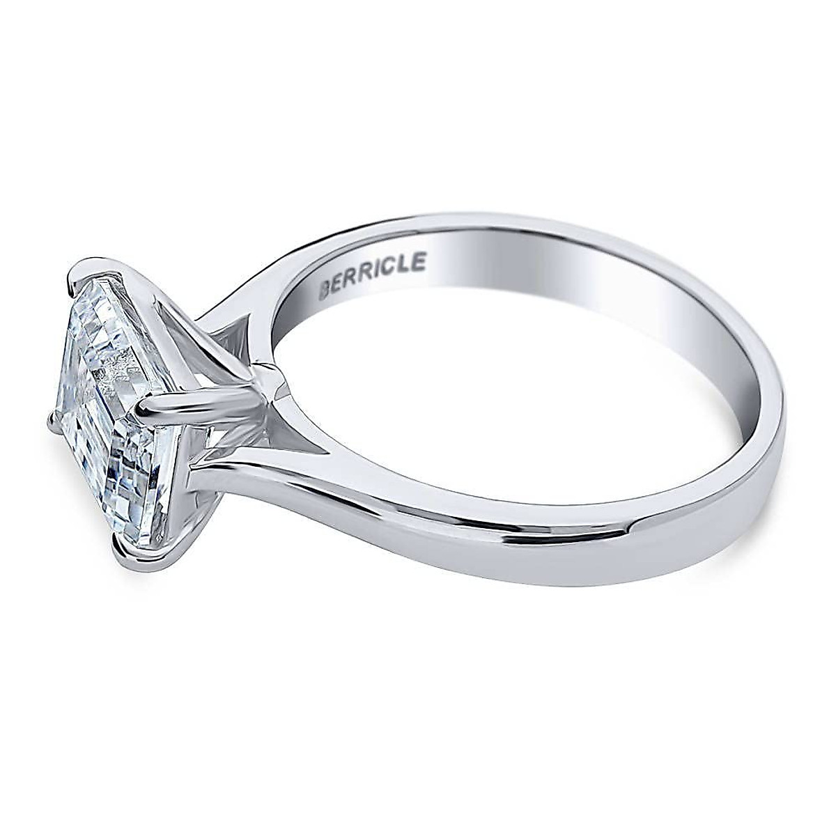 BERRICLE Sterling Silver Solitaire Wedding Engagement Rings 2.6 Carat Emerald Cut Cubic Zirconia CZ East-West Promise Ring for Women, Rhodium Plated Size 7