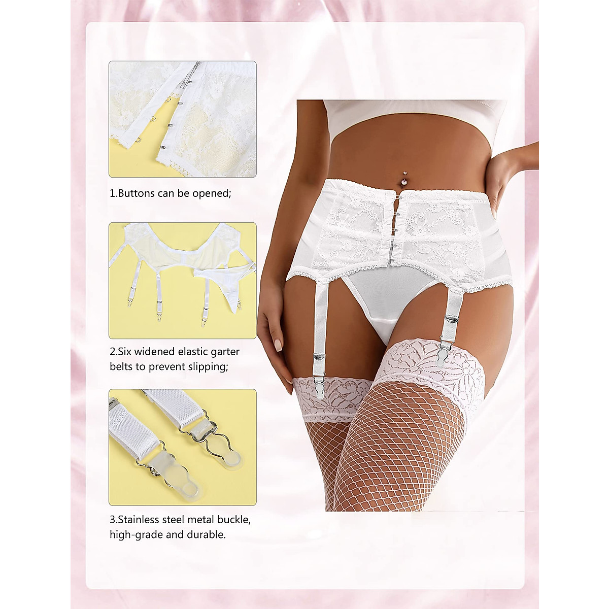 ohyeahlady Garter Belts and Stocking Sets 6 Metal Clips Plus Size Lace Garter Belt 3 Set White XL-2XL