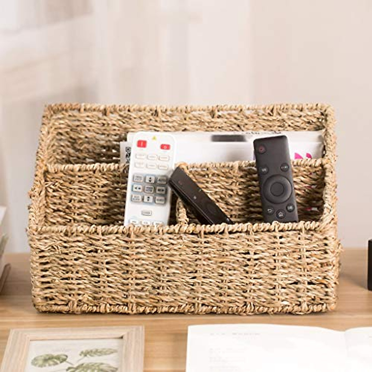 Storage Newspaper Baskets Straw Remote Control Yellow Desktop Rack Bookshelf Newspaper Rack Cosmetics Handmade Rack (Color : Yellow, Size : 30.59.518.5cm)