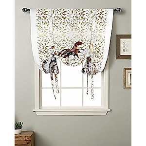 Autumn Thanksgiving Tie Up Curtains for Window, Fall Pumpkins Gold Leaves White Thermal Insulted Balloon Shade Adjustable Rod Pocket Curtains Valance Panels for Kitchen Bathroom Café 42 x 63