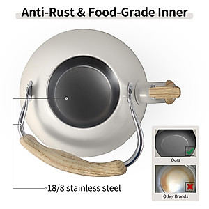 LONFFERY Tea Kettle, 3.2 Quart Whistling Tea Kettle, Tea Kettle for Stove Top, Food Grade Stainless Steel Tea Pot with Wood Pattern Folding Handle - Creamy White