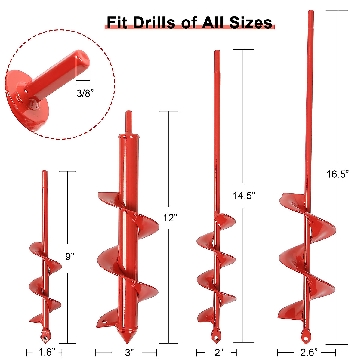 TCBWFY 4 Set Auger Drill Bit for Planting,Heavy Duty Garden Auger Spiral Drill Bit Bulb Planter Tool for Planting Bedding Plants,Universal for Cordless Drill(1.6"x9",2"x14.6",3"x16.5",3"x12")