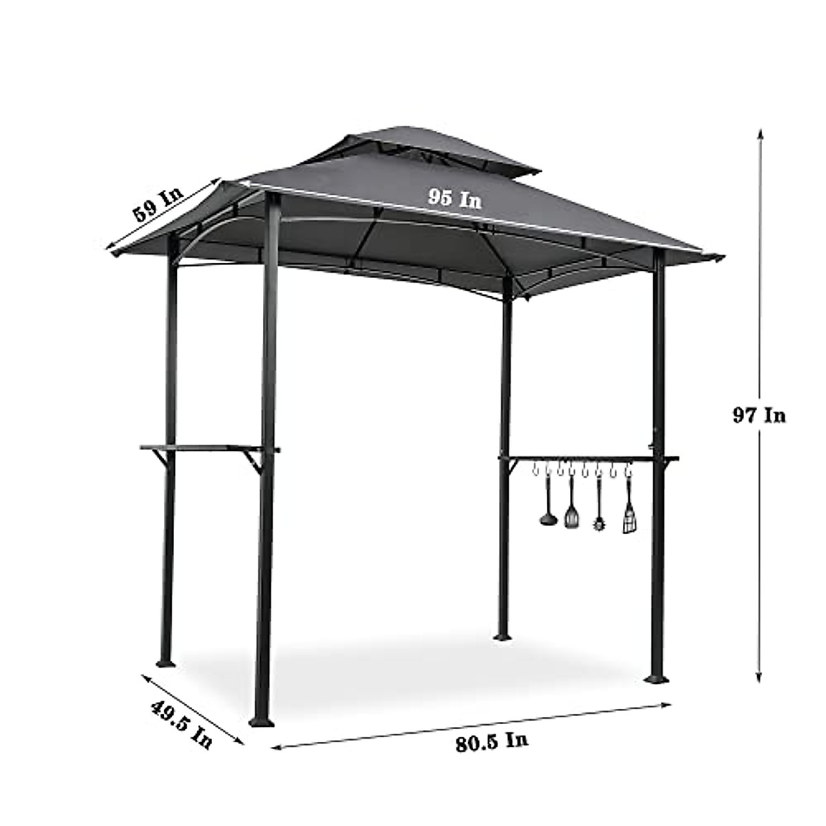 Outdoor Grill Gazebo - Patio Canopy Tent - Shelter Tent with Double Tier Soft Top - Steel Frame Barbecue Canopy with Hook and Bar Counters - 10 Pegs and 1 Bottle Opener - 8 x 5 Ft - Grey