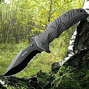 TACTIMAN Pocket Folding Knife Survival Gear Tactical Knife with Liner Lock Stainless Steel Blade in Black Oxidation G10 Handle Reversible Pocket Clip Gifts for Men Dad Husband