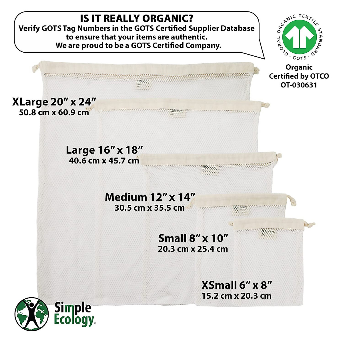 Simple Ecology Organic Cotton Mesh Laundry Bag; Machine Washing Bags for Delicates, Lingerie and Garments, Set of 3 (S, M, L)