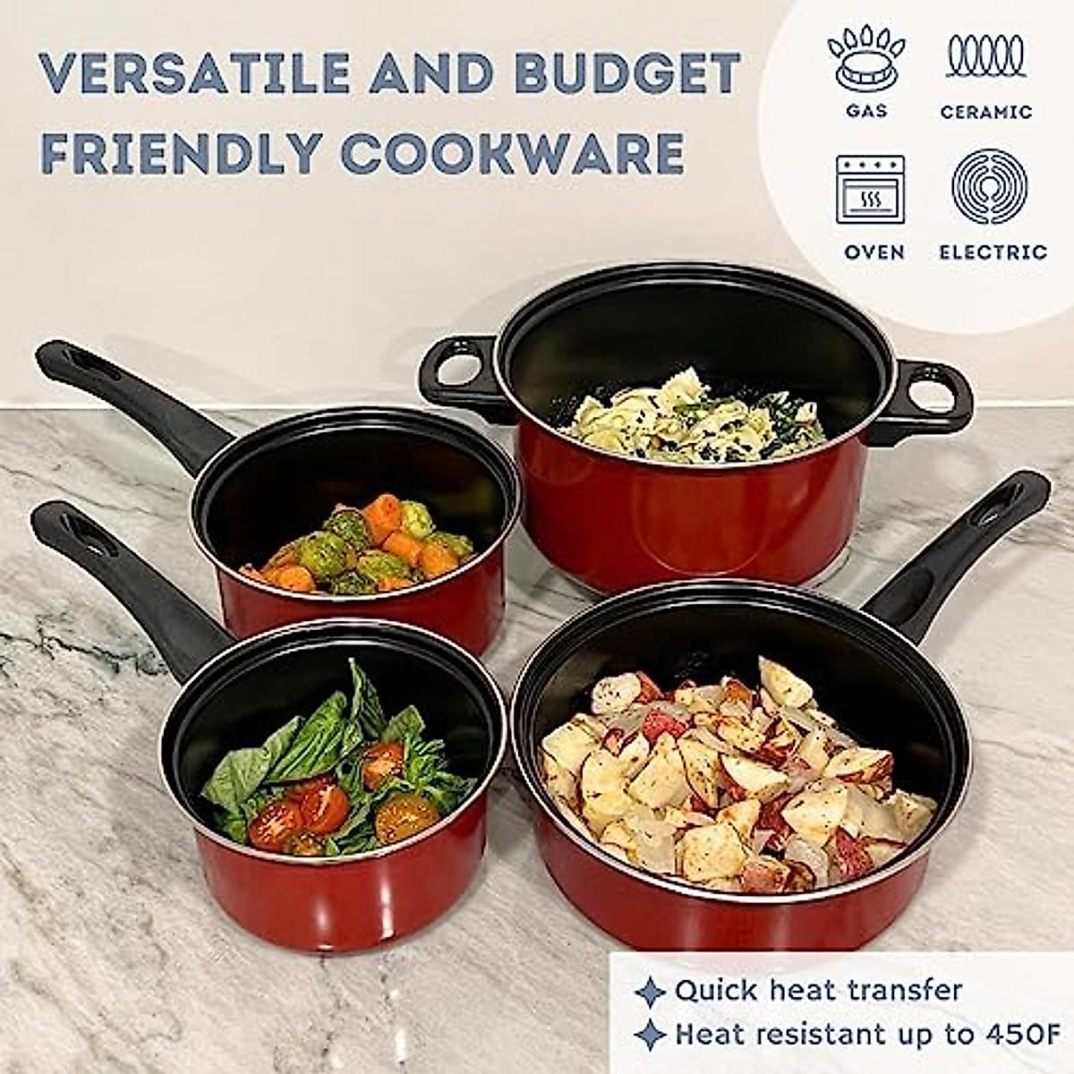 Imperial Home 7 Pc Carbon Steel Nonstick Cookware Set, Pots & Pans Set, Dishwasher Safe Cookware Set, Cooking Set, Kitchen Essentials (Red)