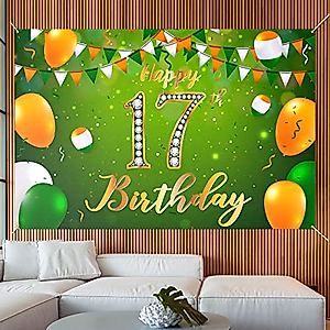 Happy 17th Birthday Backdrop Banner Decor Green - Glitter Cheers to 17 Years Old Birthday Party Theme Decorations for Boys Girls Supplies