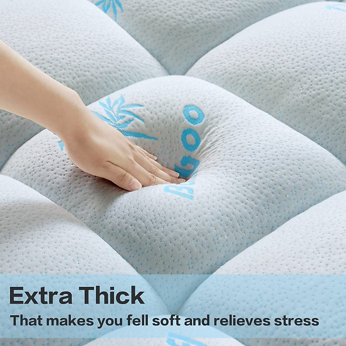 KELTARO Extra Thick Bamboo Mattress Topper King Size Bed,Cooling Mattress Pad Cover Plush Soft Noiseless Down Alternative Fill,with 8-21" Deep Pocket