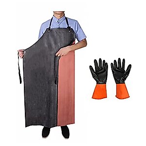 Rubber Apron Waterproof with Thick Rubber Gloves for Men and Women, Heavy Duty Butcher Apron with Adjustable Neck Pad, Chemical Aprons, Long Waterproof Apron for Dishwashing, Cleaning, Lab Work
