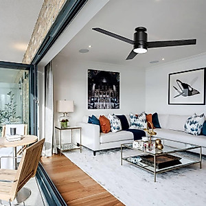 Flybull Ceiling Fans with Lights Flush Mount, 52 Inch Modern Black Ceiling Fan with Light and Remote Control - 3 Wood Blades LED Ceiling Fan Low Profile Ceiling Fan Light