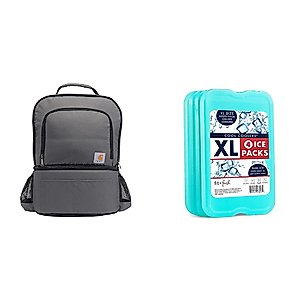 Carhartt Insulated 24 Can Two Compartment Cooler Backpack, Backpack with Fully-Insulated Cooler Base, Gray & Cool Coolers by Fit + Fresh Slim Compact Reusable XL Ice Pack, Green, 4 Pack