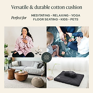 Mindful & Modern Large Meditation Cushion | Zafu Yoga Bolster Meditation Floor Pillow Seat | Buckwheat Hull Filled Crescent Shaped Cushion with Removable Washable Cover + Carry Handle (Minimal Black)