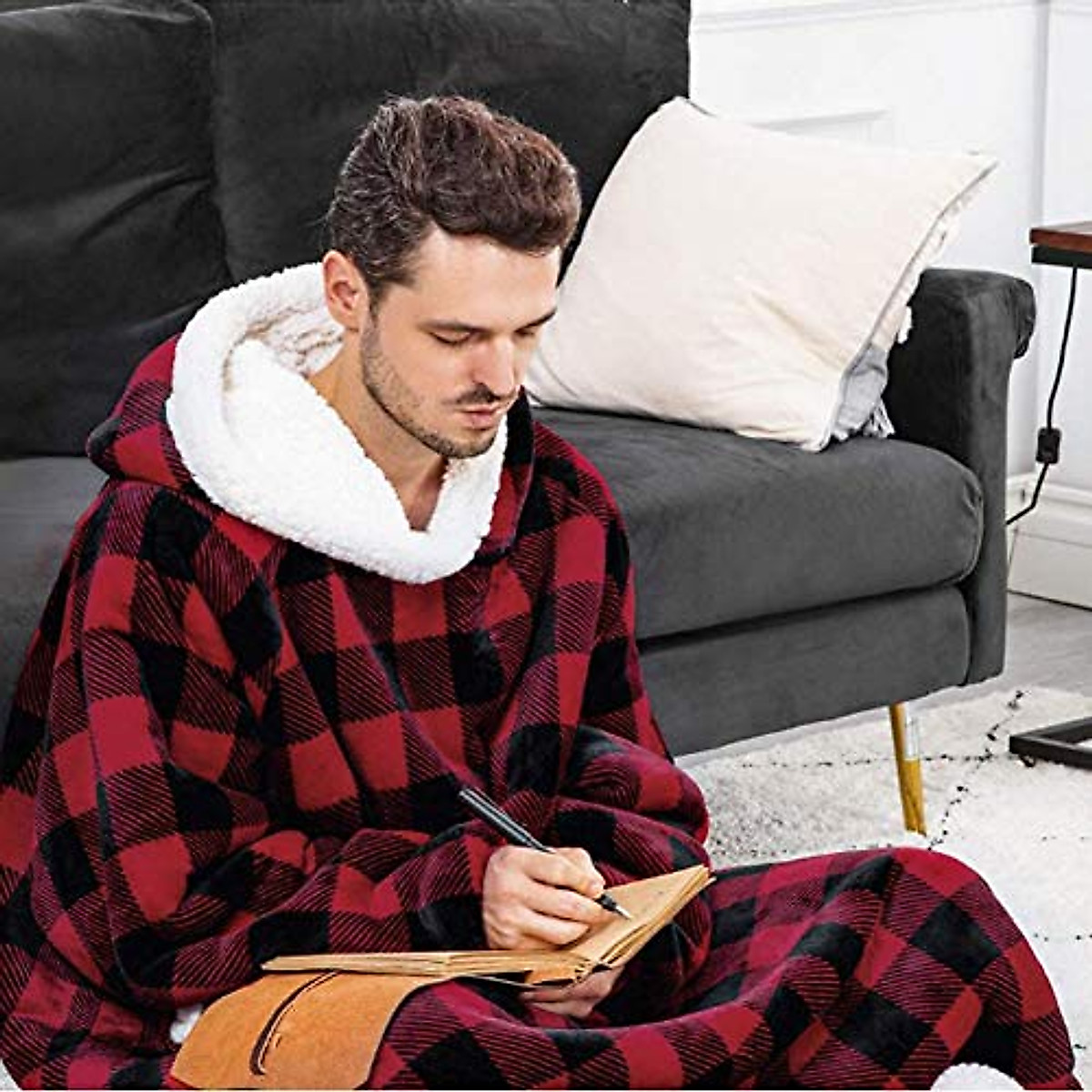 RRSHUN Wearable Hoodie Blanket, Oversized Sherpa Blanket Hoodie, Super Warm Cozy Sweatshirt with Pockets and Sleeves, One Size for Adults Kids