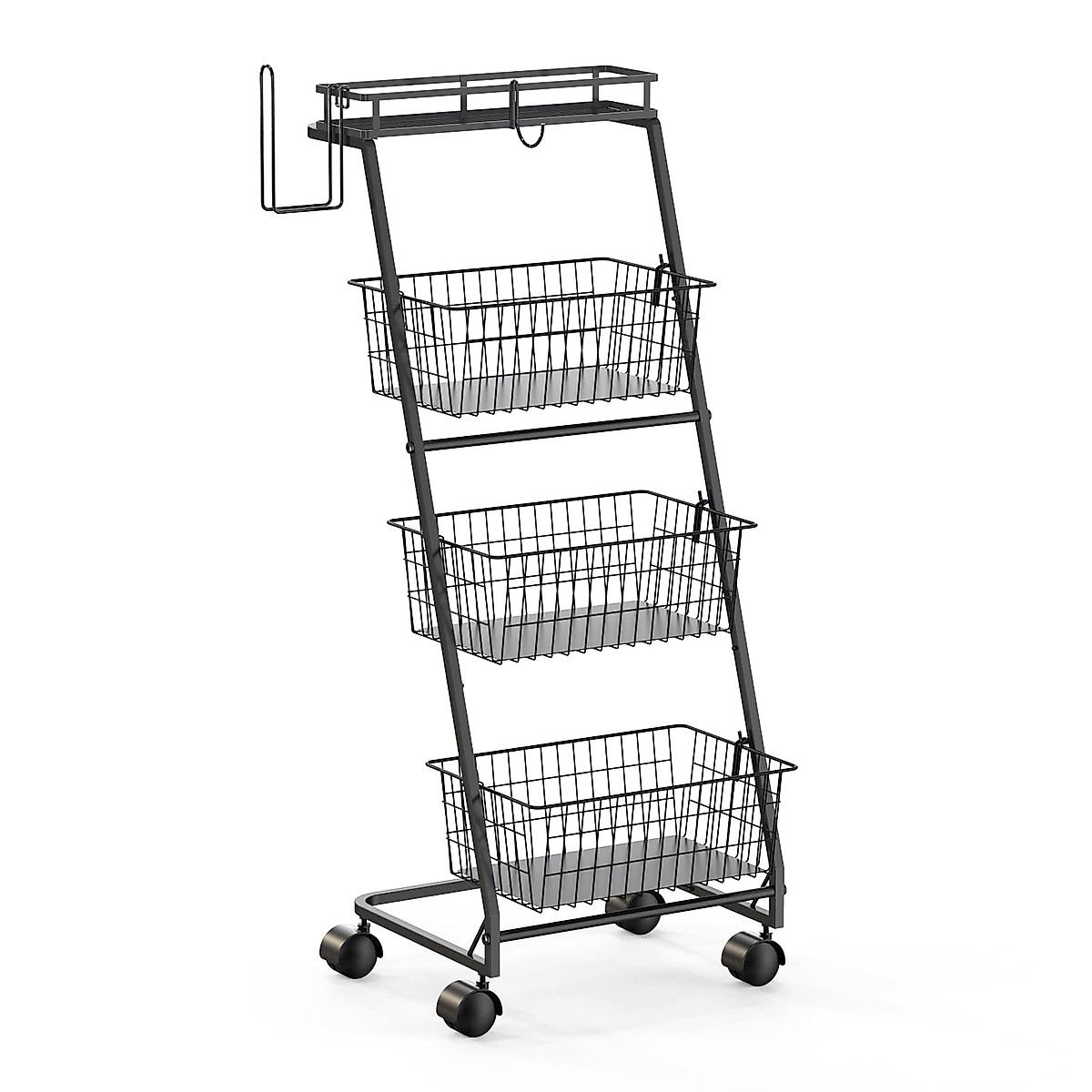 Auledio 4-Tier Fruit Vegetables Basket Bowl Rolling Storage Cart With Banana Hanger Paper Towels Holder , Black