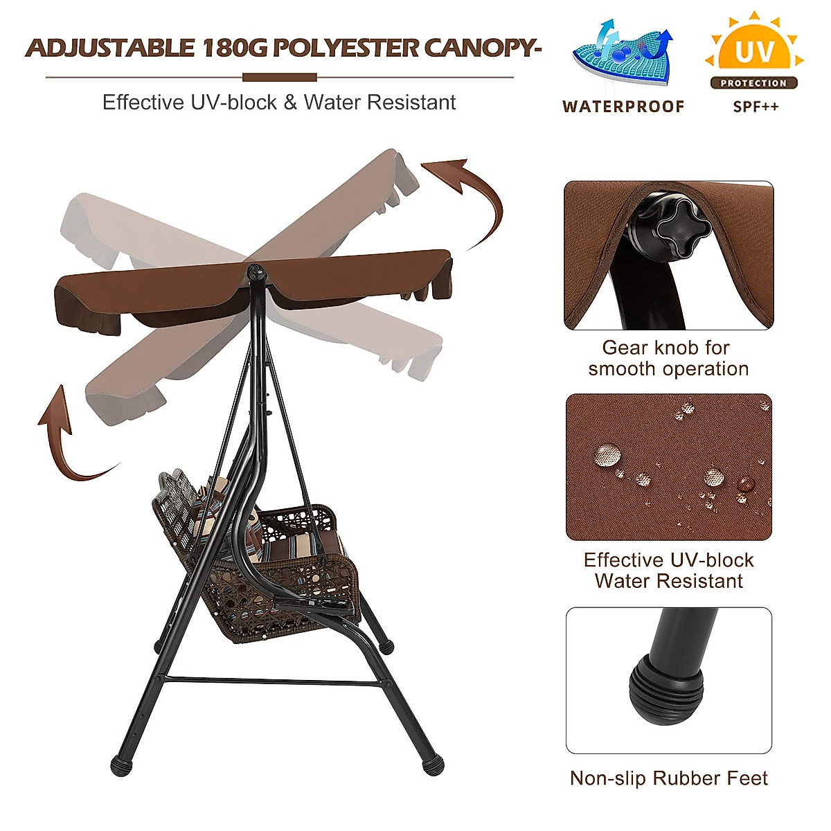 U-MAX 3-Seat Outdoor Patio Swing Chair, Large Converting Canopy Porch Swing Glider, Hammock Lounge Chair for Porch, Rattan Wicker Steel Frame Cushion & Pillow, Brown