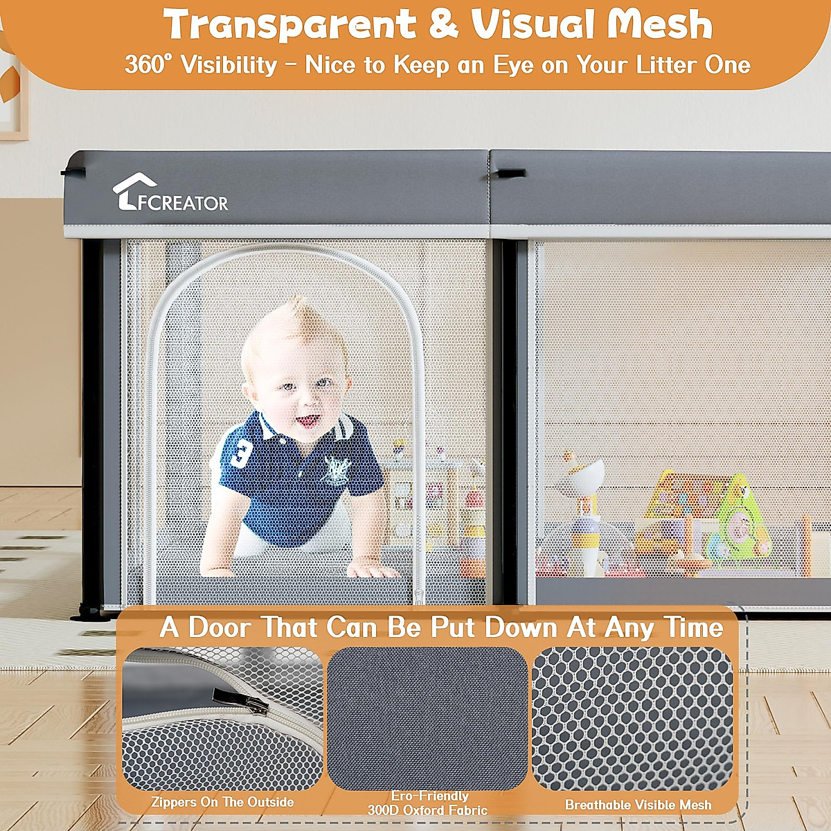 LFCREATOR Foldable Baby Playpen, Playpen for Babies and Toddlers Indoor & Outdoor,Baby Activity Center with Visible Breathable Mesh,50”×50”（Grey）