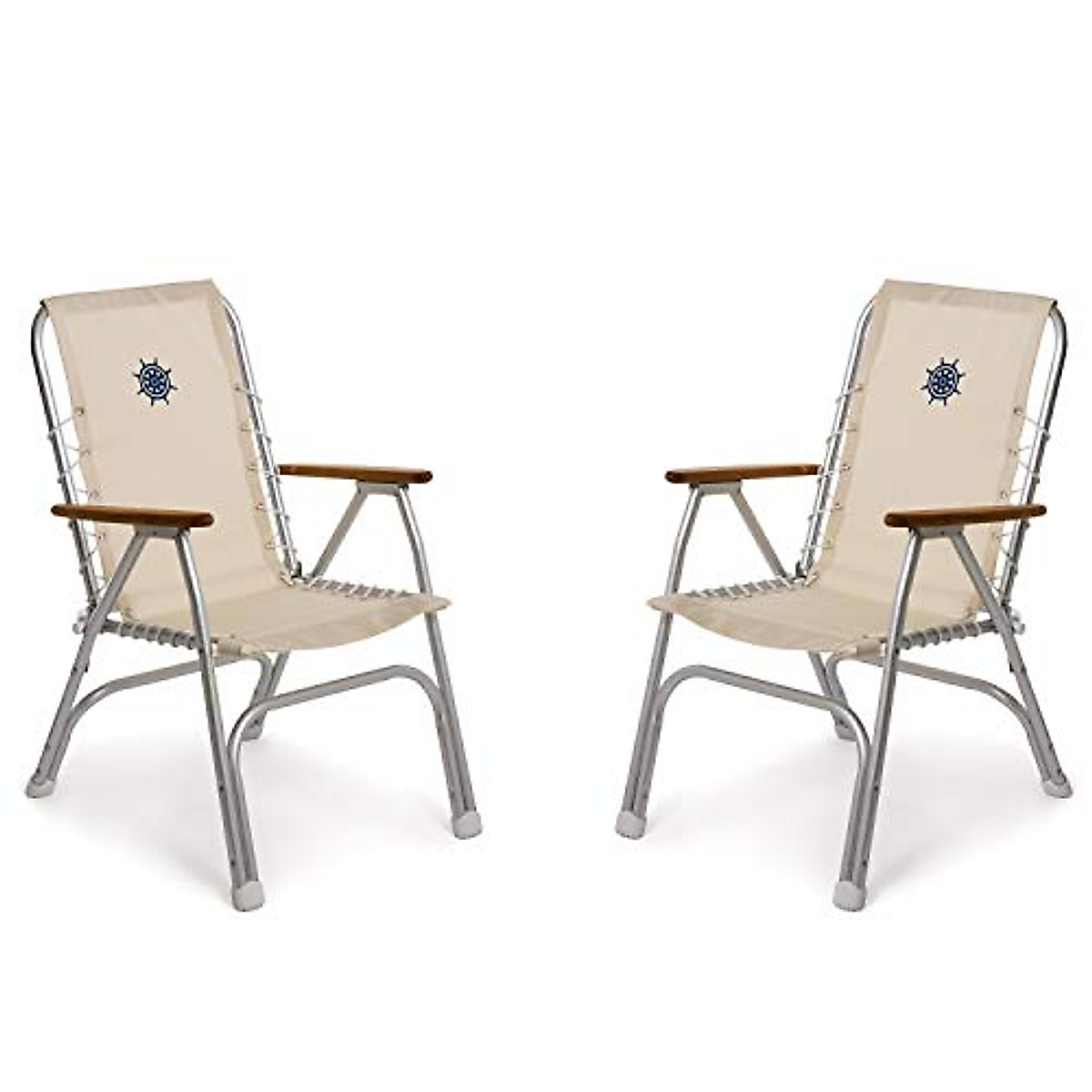 FORMA MARINE Boat Chairs High Back Off-White Deck Folding Marine Aluminum Teak Furniture Set of 2 M150W
