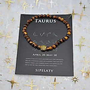 SIPELATY 4MM Mini Gemstone Energy Star Sign Constellation Bracelet with 18K Gold Plated Charm Zodiac Bracelet for Women Taurus