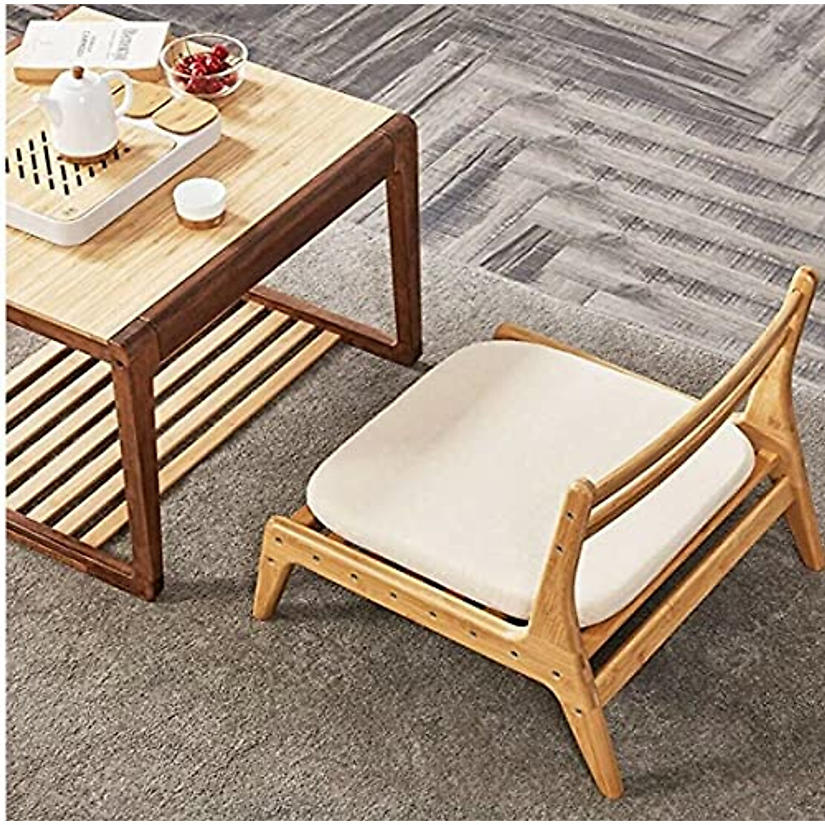 MAXCBD Desk Chair Side Chairs Bamboo Floor Seat Chair for Living Room Japanese Chair w/Cushion Dining Room Chair