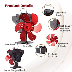 Avoeco Heat Powered Wood Stove Fan, Fireplace Fan for Wood Burning Stove, Red Blade, Circulating Warm Air, Heat Activated Fan for Wood Burning/Gas/Pellet/Log Burner/Fireplace, Wood Stove Accessories