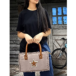 Ruzioon Upcycled Canvas Hand Bag, Upcycled Canvas & Cowhide Leather Tote Bag, Canvas Tote Bag for Women, Radiant Canvas Shoulder Bag