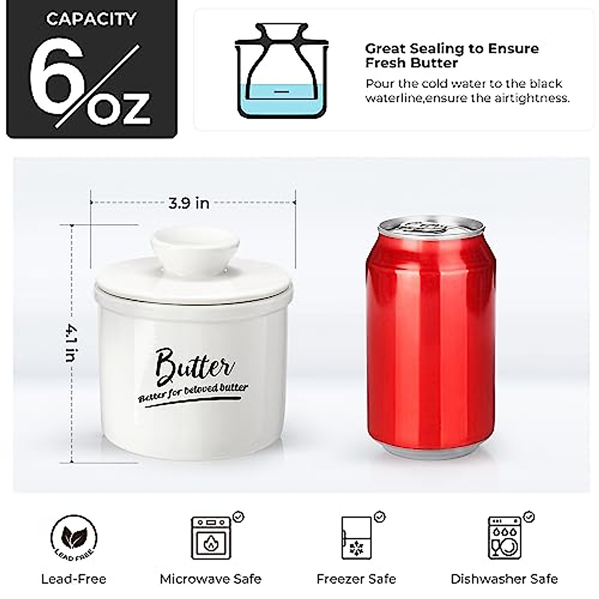 Butter Crock Butter Keeper with Knife and Perfect Silicone Seal French Butter Dish with Lid for Countertop, No More Hard Butter Good Kitchen Gift, White