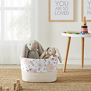 Sweet Jojo Designs Blush Pink Grey Boho Floral Girl Woven Storage Basket Decorative Cotton Rope Lined Bin Baby Nursery Kids Bedroom Toy Closet Shelf Organizer Bohemian Farmhouse Shabby Chic Watercolor