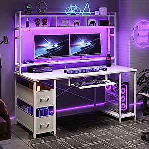 SEDETA White Computer Desk with Hutch and Drawer, 55" White Gaming Desk with LED Lights & Power Outlet, Home Office Desks with Storage Shelves, Bookshelf, Monitor & CPU Stand, Gamer Desk PC Table