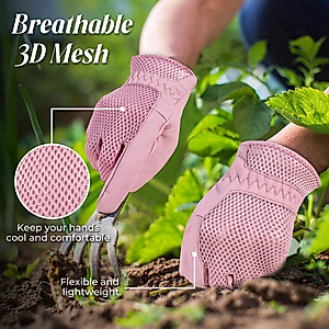 HANDLANDY Womens Garden Gloves, Scratch Resistance Leather Gardening Gloves for Ladise，Yard Gloves 3D Mesh Comfort Fit- Improves Dexterity and Breathability (Medium, Pink)