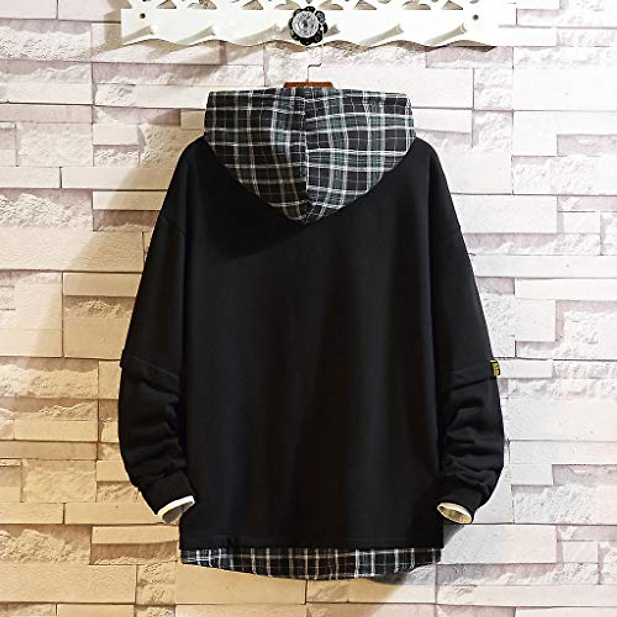 Thenlian Men's Casual Fashion Plaid Patchwork Hoodie Long Sleeves Sweatershirt Tops(XXXXL, Black)