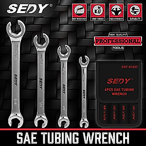 4-Piece Flare Nut Wrench Set - SAE Brake Line Wrench 1/4, 5/16, 3/8, 7/16, 1/2, 9/16, 5/8, 11/16-inch, Professional Offset Heads, Portable Organizer Pouch Included