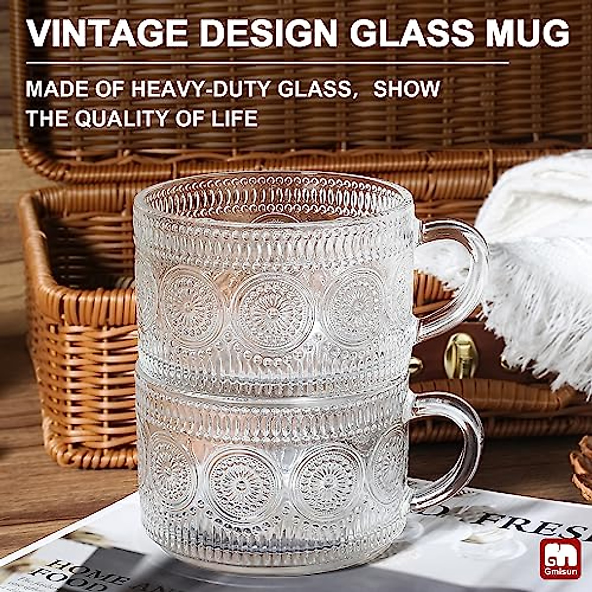 GMISUN Vintage Coffee Mugs, 14oz Glass Coffee Mug Set with Bamboo Lids, Large Clear Coffee Mug with Spoons, Big Coffee Cup Set with Handle, Clear Coffee Cups for Coffee, Iced Coffee (2 Pack)