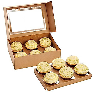 Juvale 24 Pack Cupcake Containers with Windows, 6 x 6 Boxes with 4 Count Inserts for Muffins (Kraft Paper)