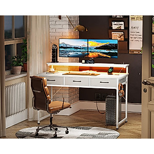 ODK 48 Inch Computer Desk with 3 Drawers and USB Power Outlets, Home Office Desks with LED Lights and Adjustable Monitor Stand, Work from Home, Modern Work/Writing/Study Table for Bedroom, White