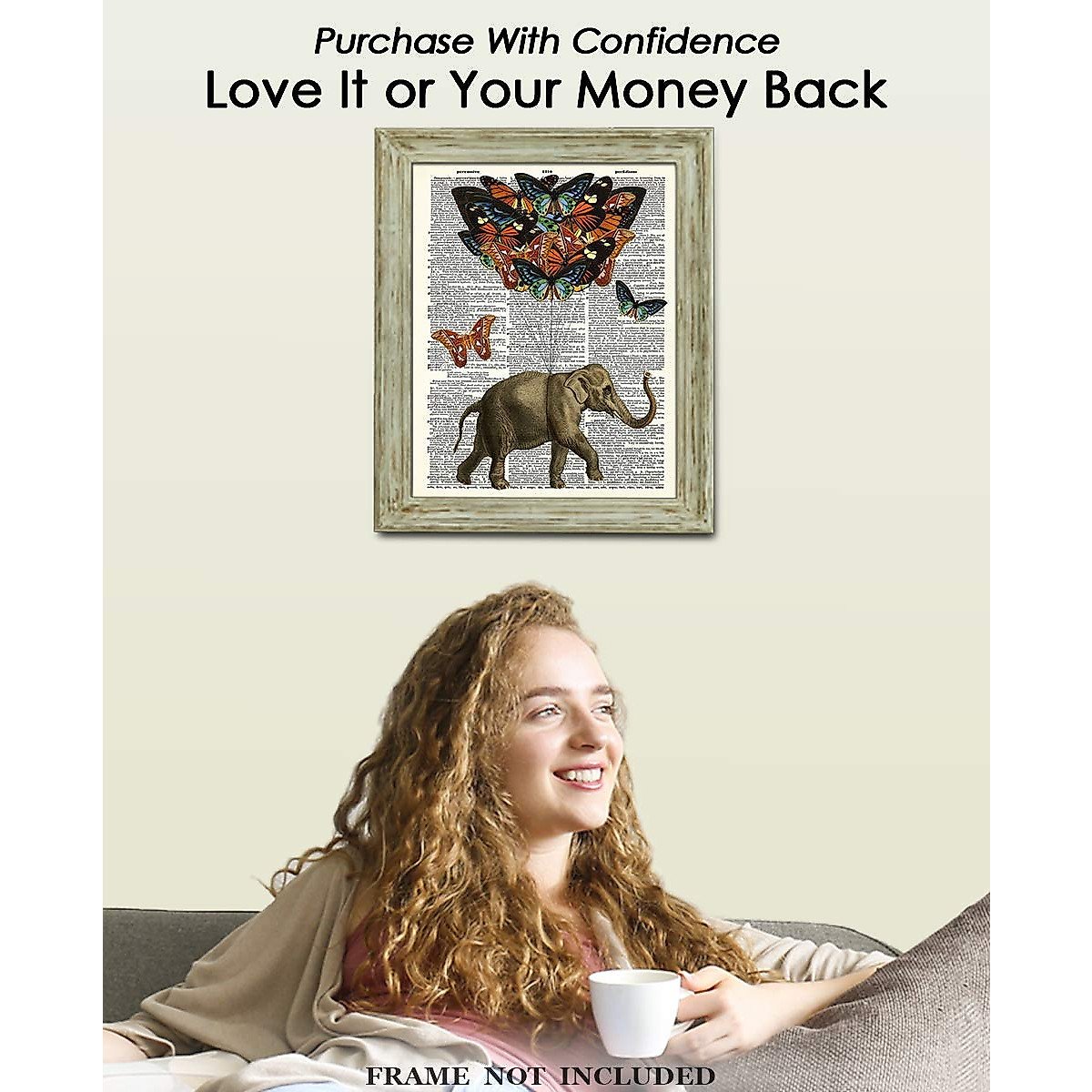 Elephant With Butterfly Balloons Dictionary Wall Art Print: Unique Room Decor for Boys, Men, Girls & Women - (8x10) Unframed Picture