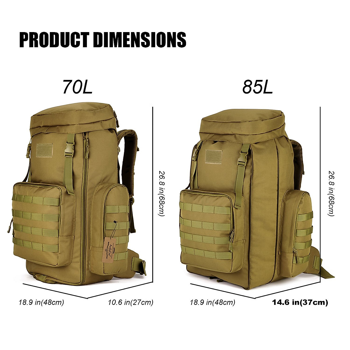 ArcEnCiel Hiking Daypacks 70-85L Tactical Travel Backpack MOLLE Rucksack Large Capacity Outdoor Bag for Travelling Trekking Camping Hunting - Rain Cover Included (Coyote Brown)