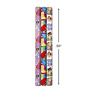 Hallmark Disney Princess Wrapping Paper with Cut Lines (Pack of 3, 60 sq. ft. ttl.) with Cinderella, Ariel, Mulan, Jasmine, Snow White and Belle for Birthdays, Christmas or Any Occasion