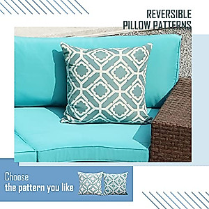 OC Orange-Casual 9-Piece Patio Furniture Set Half-Moon Sofa Outdoor All-Weather Wicker with Coffee Table & Set of Ottomans, Brown Rattan Turquoise Cushion (Pillows Included)