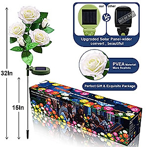 YWYWLED Solar Flower Lights Outdoor - Upgraded New Material Two Modes Realistic LED Solar Powered Waterproof Lights with 5 Roses, Solar Decorative Stake Lights for Garden (White, 1 Pack)