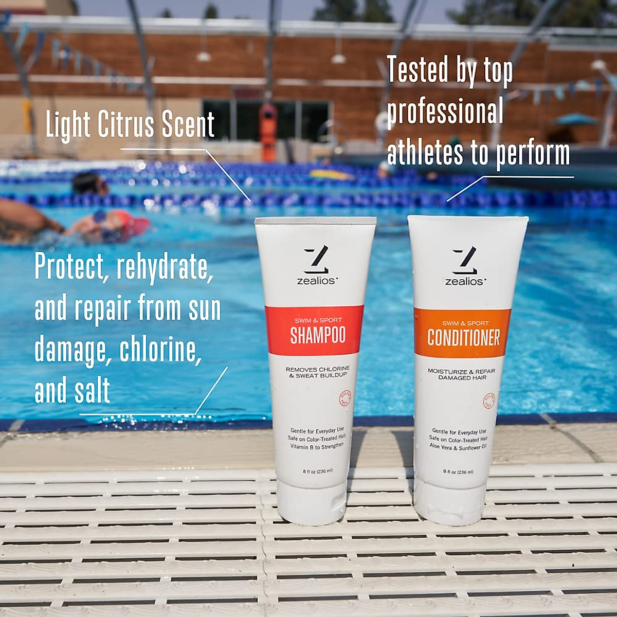 Zealios Shampoo & Conditioner Moisturizing Renewal Kit - Repairs Swimmers Hair Damaged by Pool Chemicals, Sulfate-Free Swim & Sport Formula Safe For Treated Hair & Chlorine Removal - 8 fl oz Each